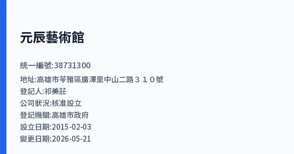 元辰藝術館的照片-統編 38731300(高雄市) 公司登記資料與營業項目詳細圖表