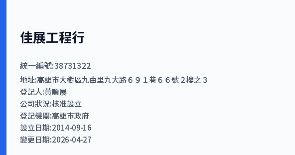 佳展工程行的照片-統編 38731322(高雄市) 公司登記資料與營業項目詳細圖表