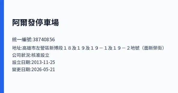阿爾發停車場的照片-統編 38740856(高雄市) 公司登記資料與營業項目詳細圖表