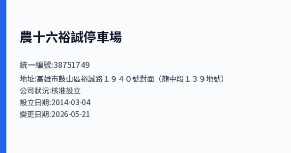 農十六裕誠停車場的照片-統編 38751749(高雄市) 公司登記資料與營業項目詳細圖表