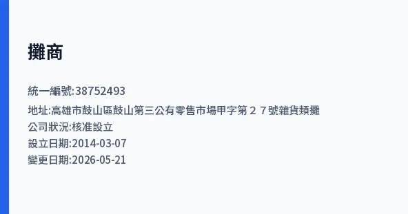 攤商的照片-統編 38752493(高雄市) 公司登記資料與營業項目詳細圖表