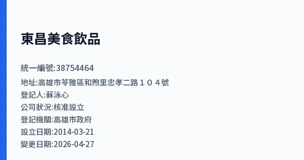 東昌美食飲品的照片-統編 38754464(高雄市) 公司登記資料與營業項目詳細圖表