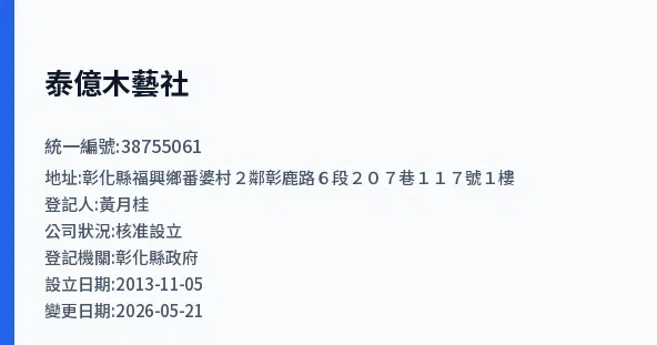 泰億木藝社的照片-統編 38755061(彰化縣) 公司登記資料與營業項目詳細圖表