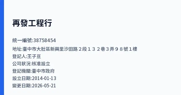再發工程行的照片-統編 38758454(臺中市) 公司登記資料與營業項目詳細圖表