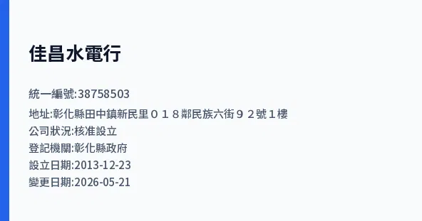 佳昌水電行的照片-統編 38758503(彰化縣) 公司登記資料與營業項目詳細圖表