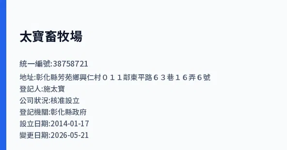 太寶畜牧場的照片-統編 38758721(彰化縣) 公司登記資料與營業項目詳細圖表