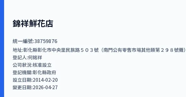 錦祥鮮花店的照片-統編 38759876(彰化縣) 公司登記資料與營業項目詳細圖表
