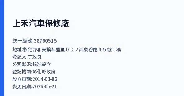 上禾汽車保修廠的照片-統編 38760515(彰化縣) 公司登記資料與營業項目詳細圖表