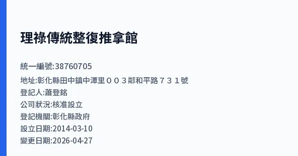 理祿傳統整復推拿館的照片-統編 38760705(彰化縣) 公司登記資料與營業項目詳細圖表