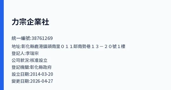 力宗企業社的照片-統編 38761269(彰化縣) 公司登記資料與營業項目詳細圖表