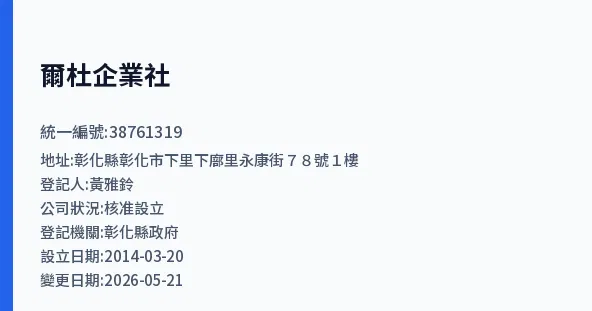 爾杜企業社的照片-統編 38761319(彰化縣) 公司登記資料與營業項目詳細圖表