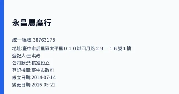 永昌農產行的照片-統編 38763175(臺中市) 公司登記資料與營業項目詳細圖表