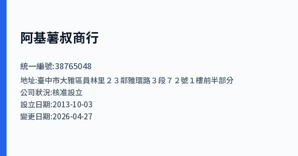 阿基薯叔商行的照片-統編 38765048(臺中市) 公司登記資料與營業項目詳細圖表
