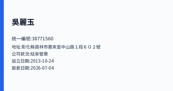 吳麗玉的照片-統編 38771560(彰化縣) 公司登記資料與營業項目詳細圖表