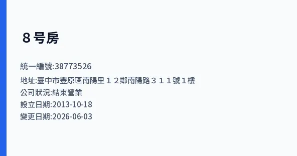 8号房的照片-統編 38773526(臺中市) 公司登記資料與營業項目詳細圖表