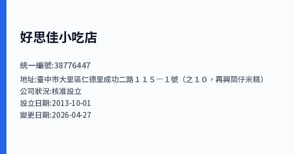 好思佳小吃店的照片-統編 38776447(臺中市) 公司登記資料與營業項目詳細圖表