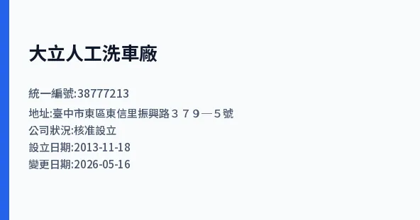 大立人工洗車廠的照片-統編 38777213(臺中市) 公司登記資料與營業項目詳細圖表
