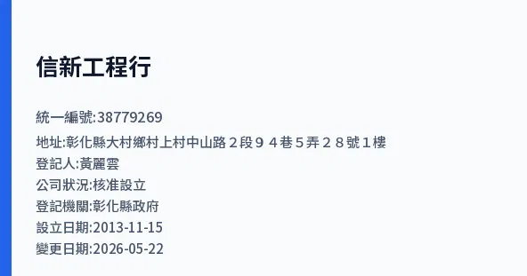 信新工程行的照片-統編 38779269(彰化縣) 公司登記資料與營業項目詳細圖表