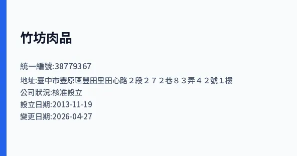 竹坊肉品的照片-統編 38779367(臺中市) 公司登記資料與營業項目詳細圖表
