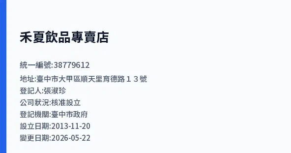 禾夏飲品專賣店的照片-統編 38779612(臺中市) 公司登記資料與營業項目詳細圖表