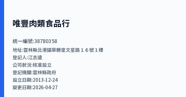 唯豐肉類食品行的照片-統編 38780358(雲林縣) 公司登記資料與營業項目詳細圖表