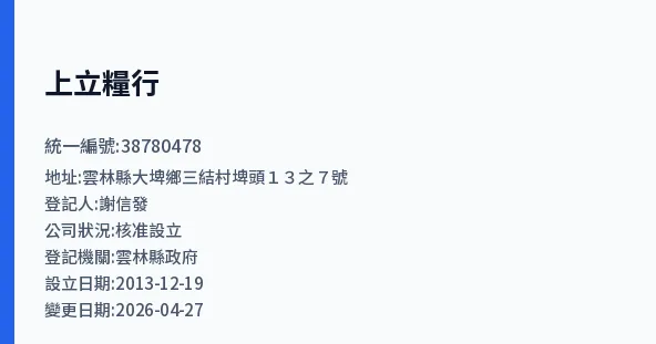 上立糧行的照片-統編 38780478(雲林縣) 公司登記資料與營業項目詳細圖表