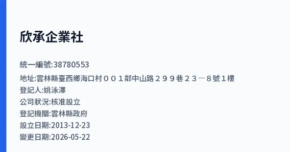 欣承企業社的照片-統編 38780553(雲林縣) 公司登記資料與營業項目詳細圖表