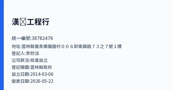 漢勲工程行的照片-統編 38782476(雲林縣) 公司登記資料與營業項目詳細圖表