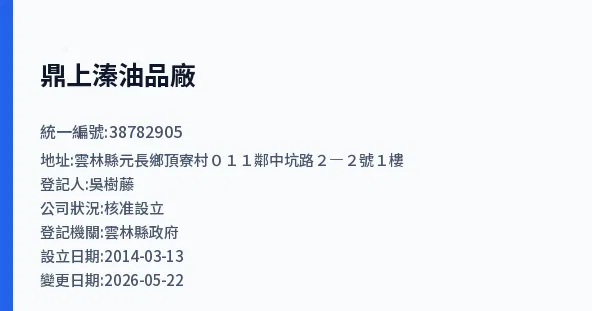 鼎上溱油品廠的照片-統編 38782905(雲林縣) 公司登記資料與營業項目詳細圖表