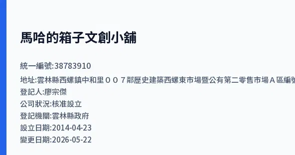 馬哈的箱子文創小舖的照片-統編 38783910(雲林縣) 公司登記資料與營業項目詳細圖表