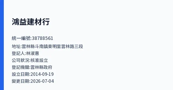 鴻益建材行的照片-統編 38788561(雲林縣) 公司登記資料與營業項目詳細圖表