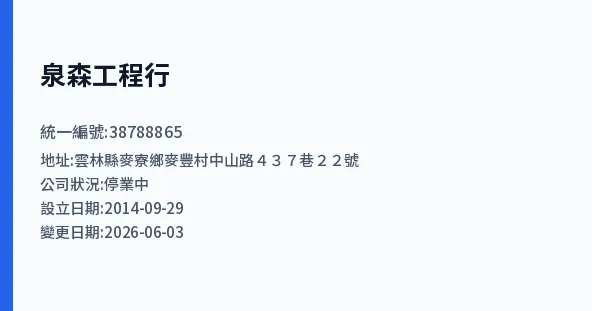 泉森工程行的照片-統編 38788865(雲林縣) 公司登記資料與營業項目詳細圖表