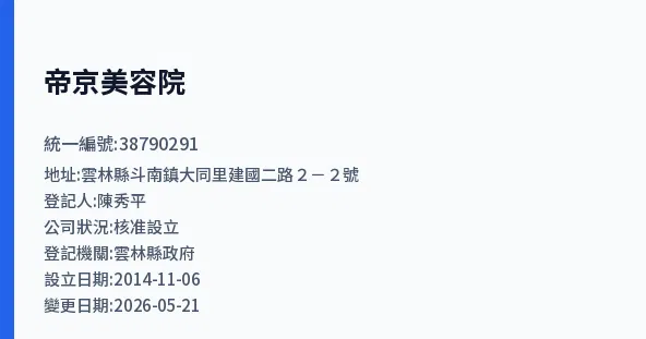 帝京美容院的照片-統編 38790291(雲林縣) 公司登記資料與營業項目詳細圖表
