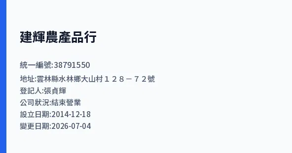 建輝農產品行的照片-統編 38791550(雲林縣) 公司登記資料與營業項目詳細圖表