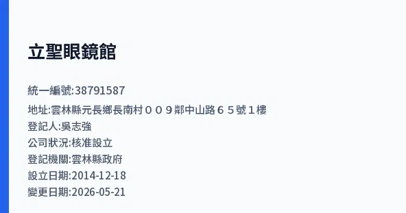 立聖眼鏡館的照片-統編 38791587(雲林縣) 公司登記資料與營業項目詳細圖表