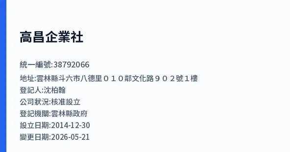 高昌企業社的照片-統編 38792066(雲林縣) 公司登記資料與營業項目詳細圖表