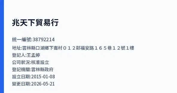 兆天下貿易行的照片-統編 38792214(雲林縣) 公司登記資料與營業項目詳細圖表