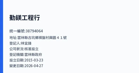 勤鎂工程行的照片-統編 38794064(雲林縣) 公司登記資料與營業項目詳細圖表