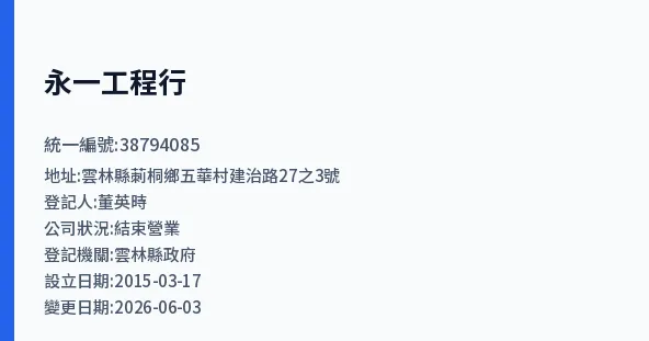 永一工程行的照片-統編 38794085(雲林縣) 公司登記資料與營業項目詳細圖表