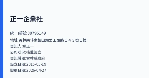 正一企業社的照片-統編 38796149(雲林縣) 公司登記資料與營業項目詳細圖表