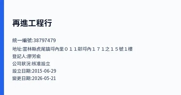 再進工程行的照片-統編 38797479(雲林縣) 公司登記資料與營業項目詳細圖表