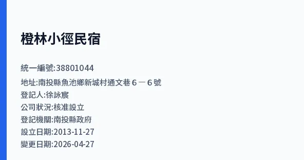 橙林小徑民宿的照片-統編 38801044(南投縣) 公司登記資料與營業項目詳細圖表