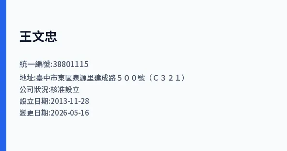 王文忠的照片-統編 38801115(臺中市) 公司登記資料與營業項目詳細圖表