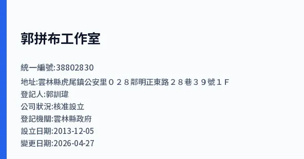 郭拼布工作室的照片-統編 38802830(雲林縣) 公司登記資料與營業項目詳細圖表