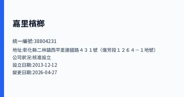 嘉里檳榔的照片-統編 38804231(彰化縣) 公司登記資料與營業項目詳細圖表