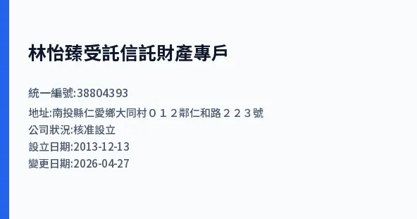 林怡臻受託信託財產專戶的照片-統編 38804393(南投縣) 公司登記資料與營業項目詳細圖表