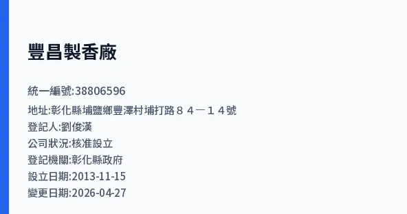 豐昌製香廠的照片-統編 38806596(彰化縣) 公司登記資料與營業項目詳細圖表