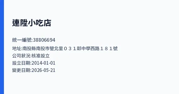 連陞小吃店的照片-統編 38806694(南投縣) 公司登記資料與營業項目詳細圖表