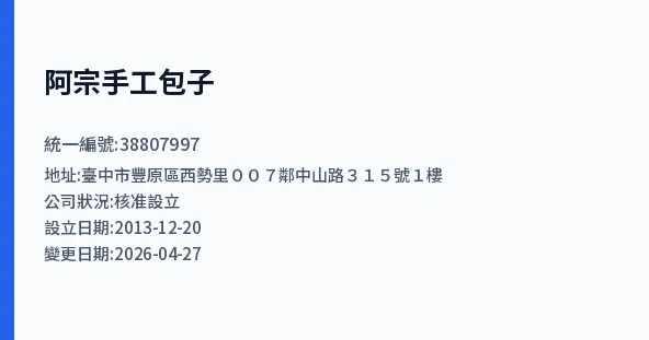 阿宗手工包子的照片-統編 38807997(臺中市) 公司登記資料與營業項目詳細圖表