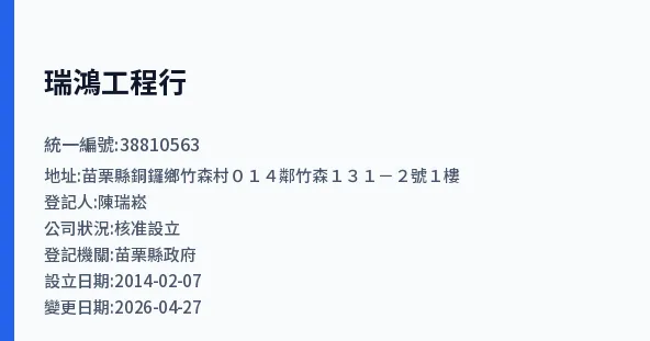 瑞鴻工程行的照片-統編 38810563(苗栗縣) 公司登記資料與營業項目詳細圖表